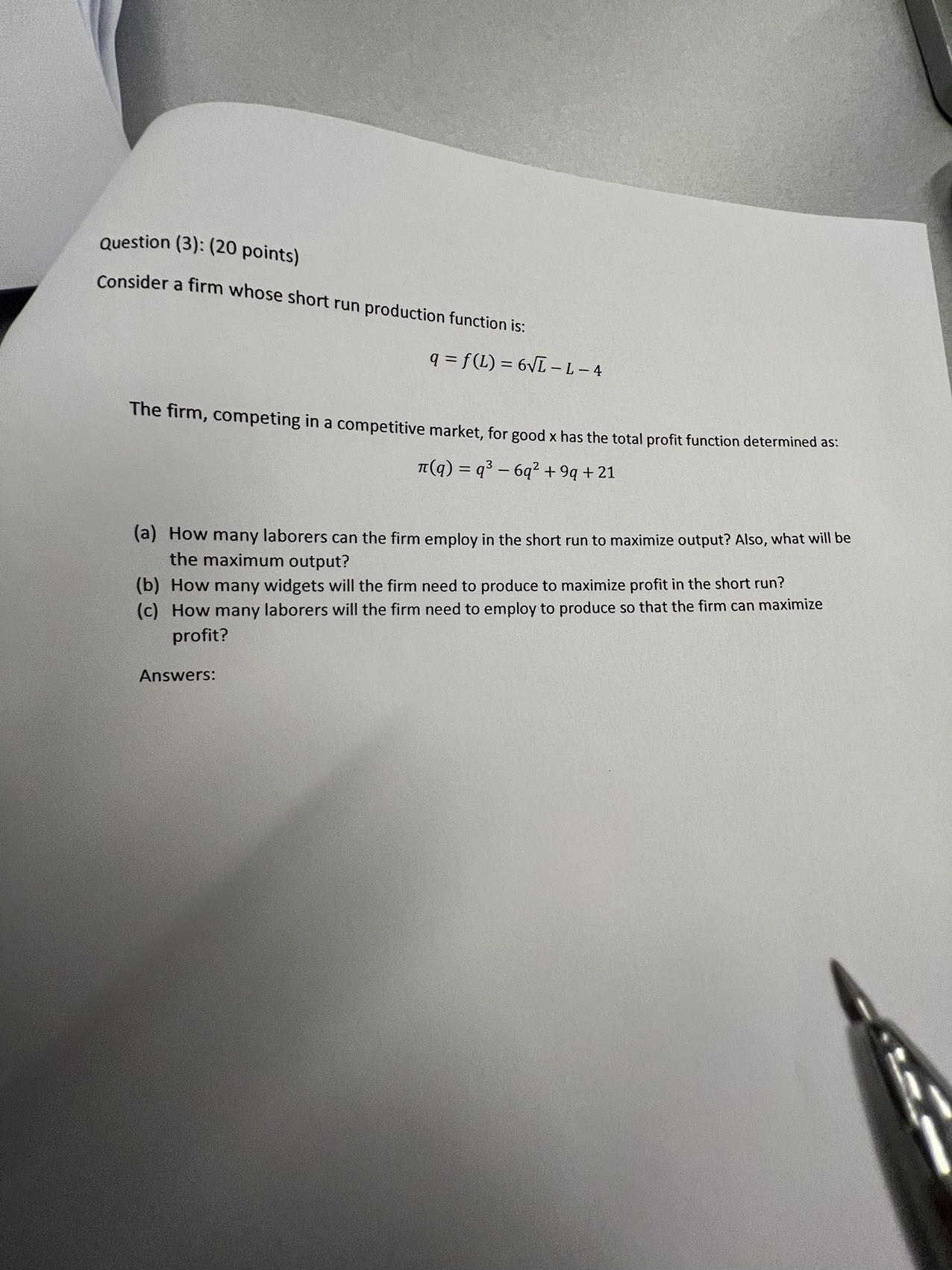 Solved Consider a firm whose short run production function | Chegg.com
