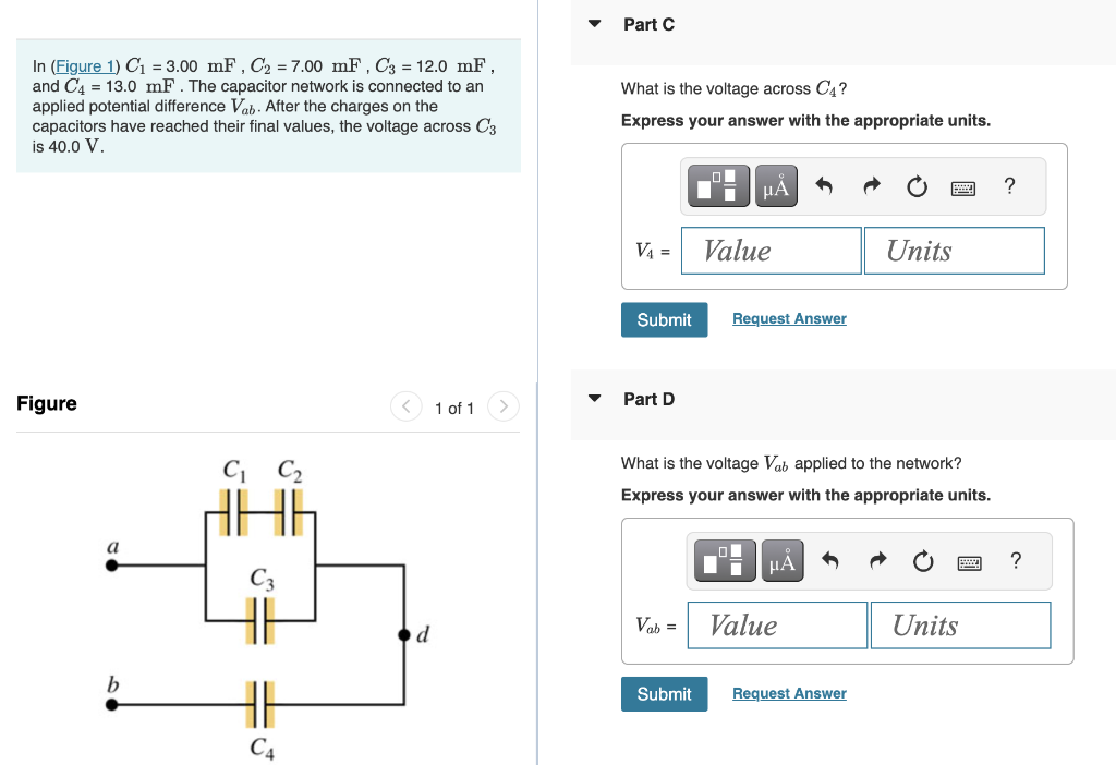 Solved In (Figure 1) C1=3.00mF,C2=7.00mF,C3=12.0mF, and | Chegg.com