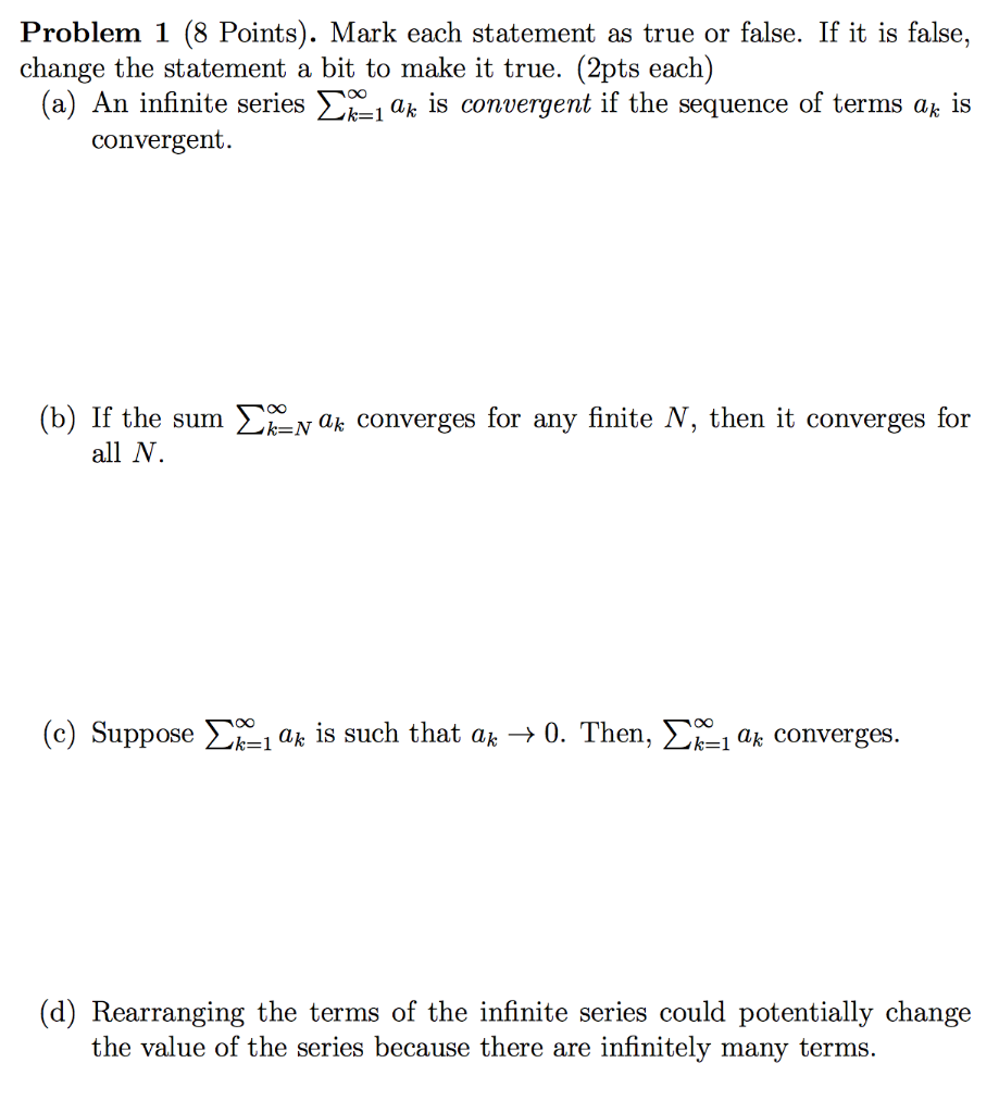 Solved Problem 1 (8 Points). Mark each statement as true or | Chegg.com