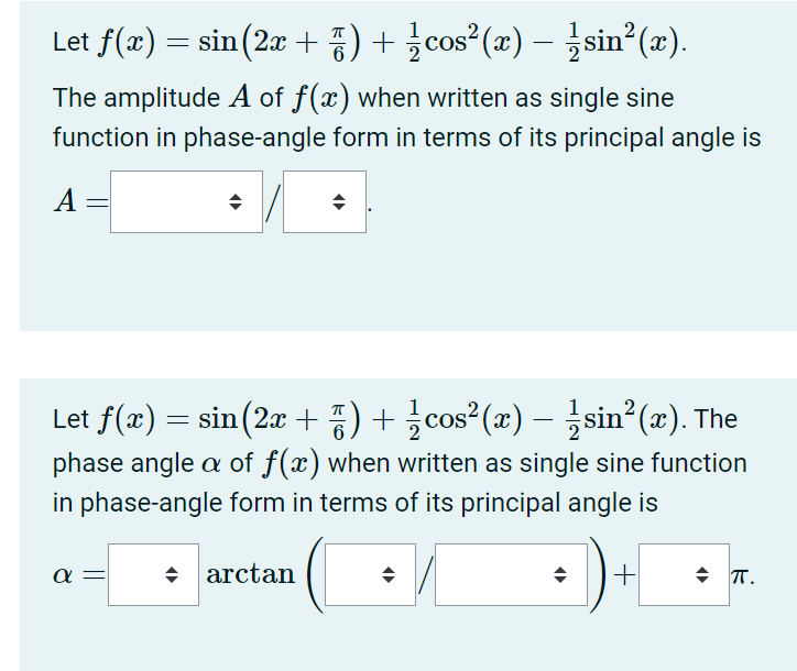 Solved Let f(x)=sin(2x+π6)+12cos2(x)-12sin2(x).The amplitude | Chegg.com