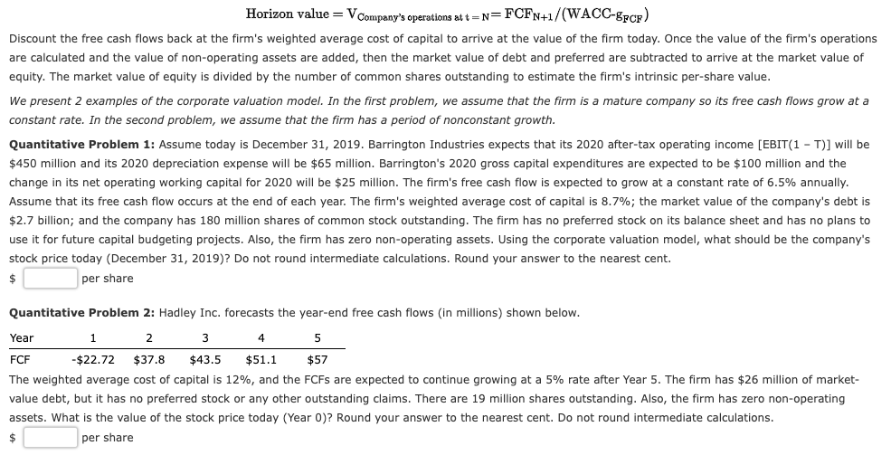 Solved Horizon value =VCompany’s operations at | Chegg.com