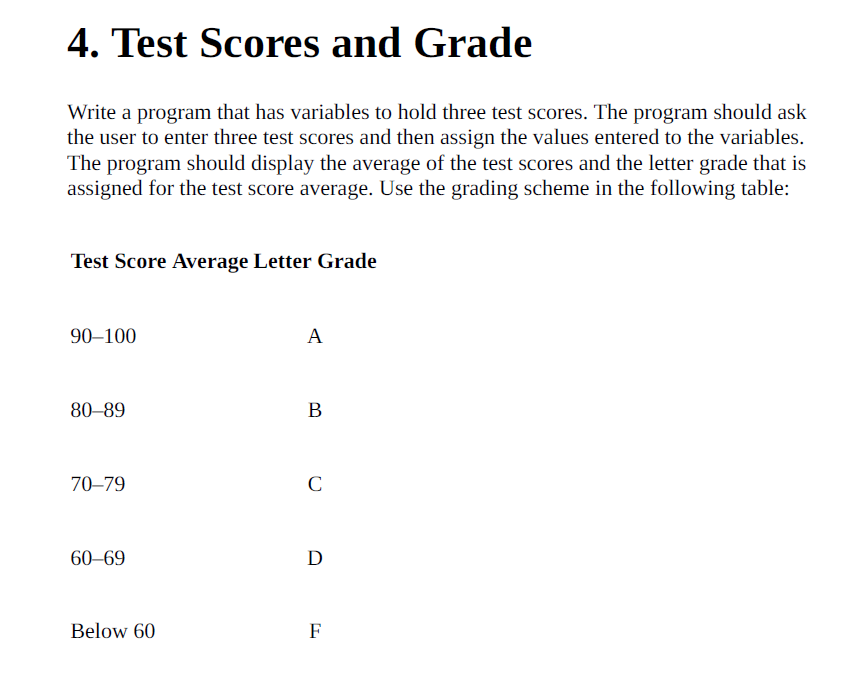 Solved 4. Test Scores and Grade Write a program that has | Chegg.com