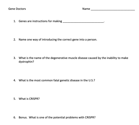 Solved Gene Doctors Name 1. Genes are instructions for | Chegg.com
