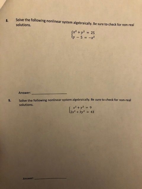 Solved Solve the following nonlinear system algebraically. | Chegg.com