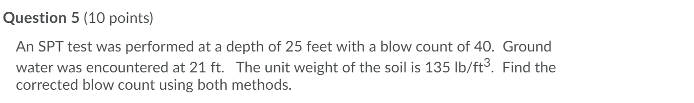 Solved Question 5 (10 points) An SPT test was performed at a | Chegg.com