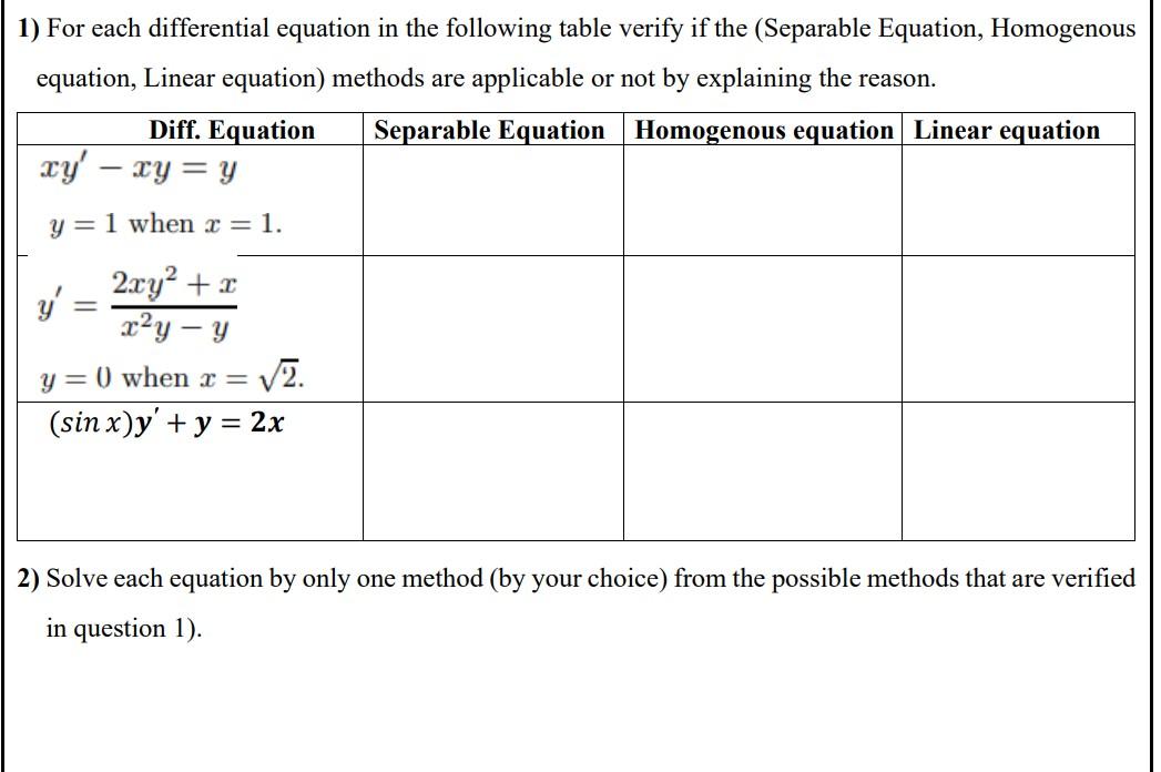 Solved 1) For each differential equation in the following | Chegg.com