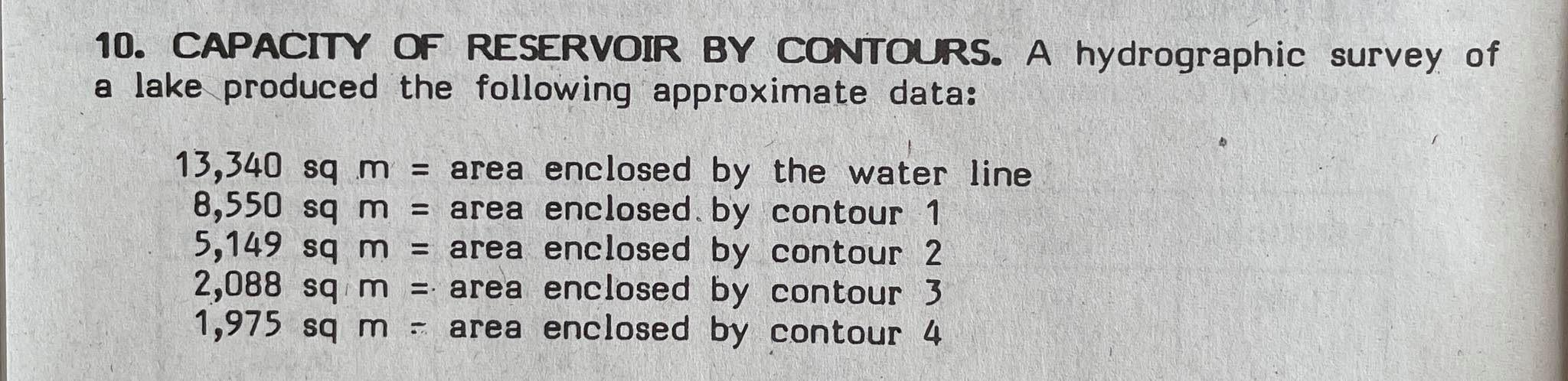 Solved 10. CAPACITY OF RESERVOIR BY CONTOURS. A hydrographic | Chegg.com