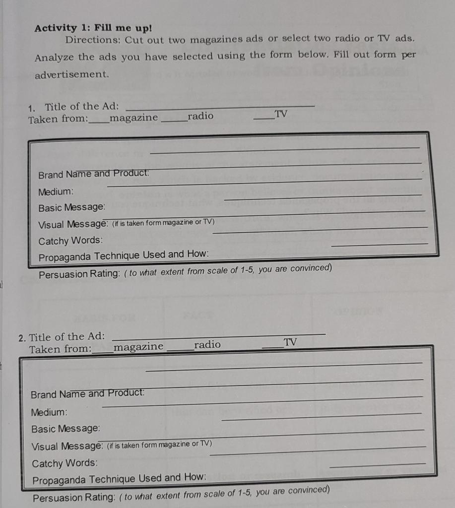 Solved Activity 1: Fill me up! Directions: Cut out two | Chegg.com