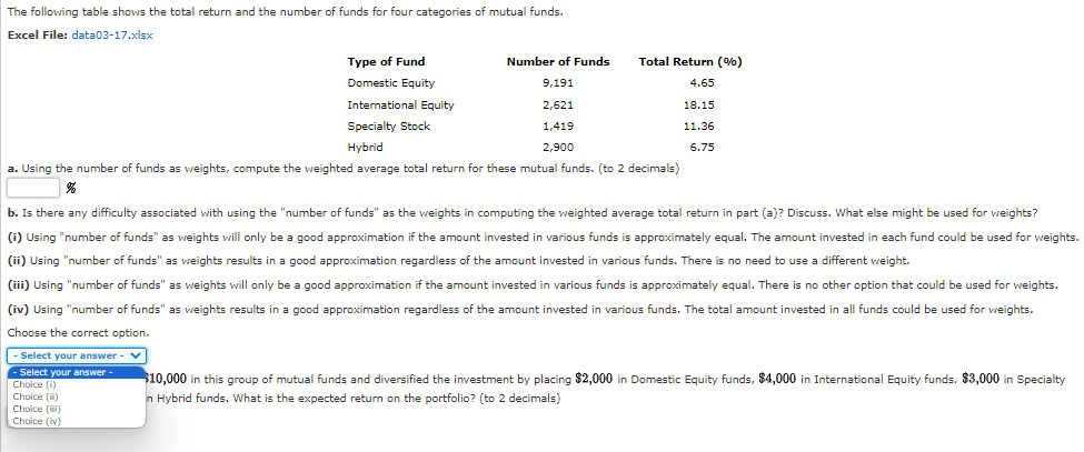Solved The following table shows the total return and the | Chegg.com
