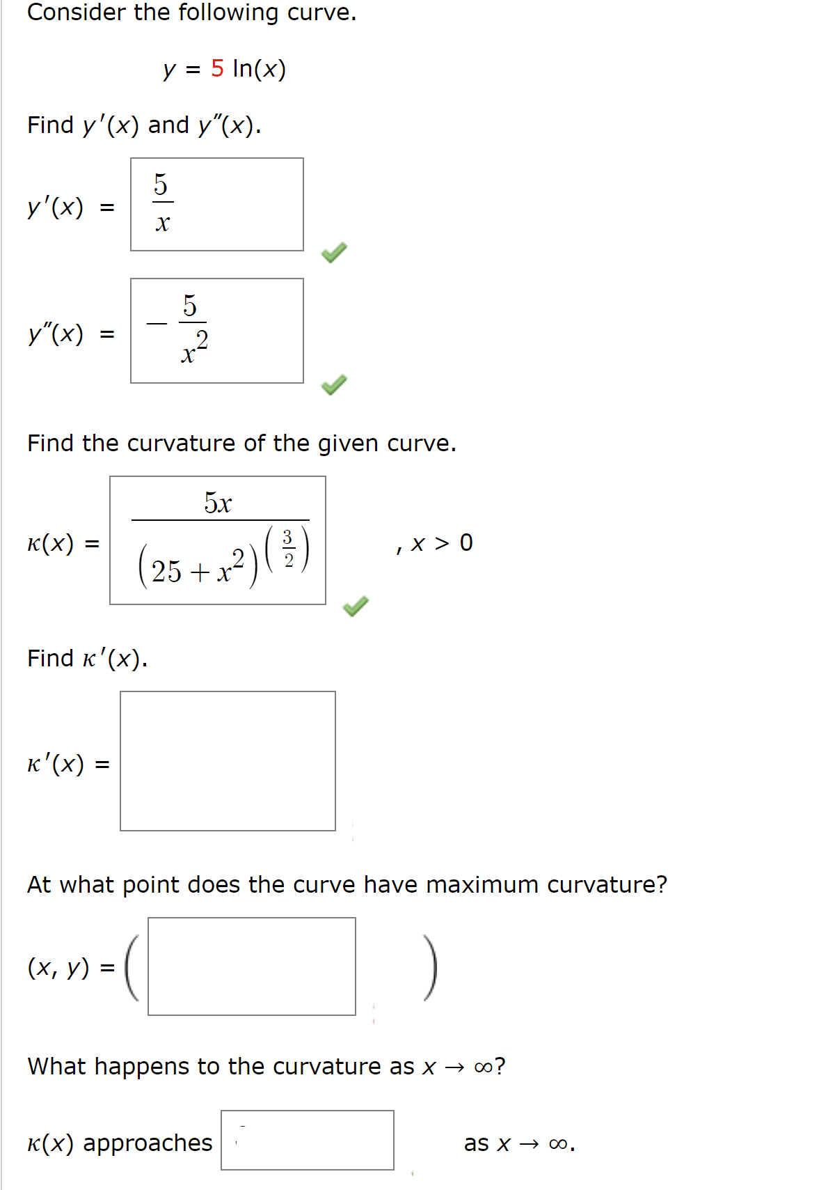 Solved Consider the following curve. y=5ln(x) Find y′(x) and | Chegg.com