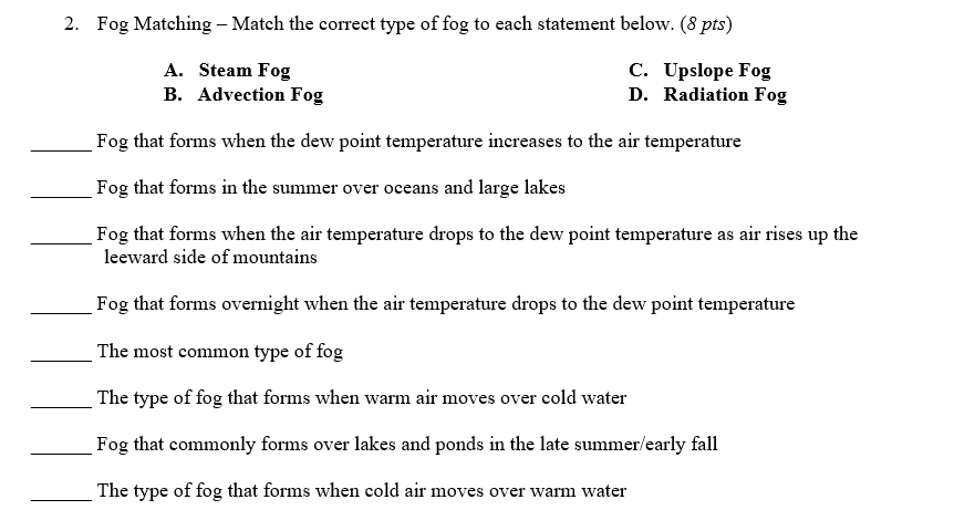 Solved 2. Fog Matching - Match the correct type of fog to | Chegg.com