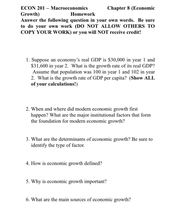 Solved ECON 201 Macroeconomics Growth) Answer the following | Chegg.com