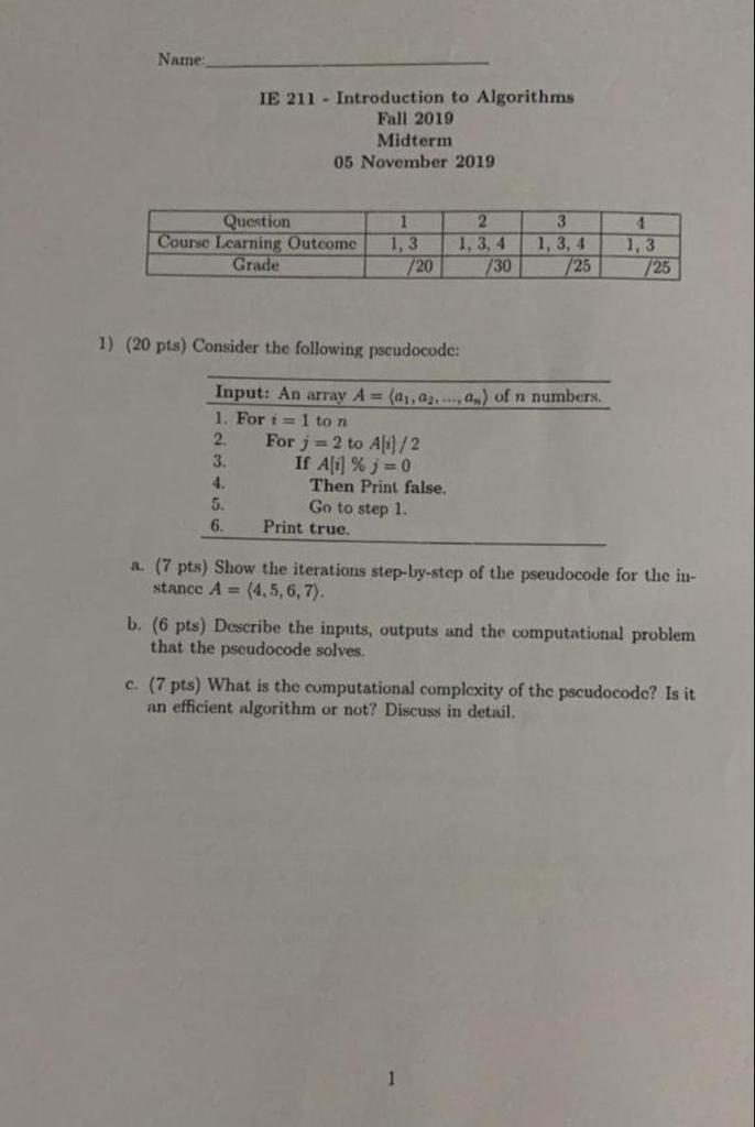 Solved IE 211 - Introduction to Algorithms Fall 2019 Midterm | Chegg.com