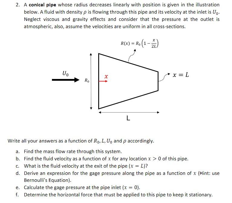 2. A conical pipe whose radius decreases linearly | Chegg.com