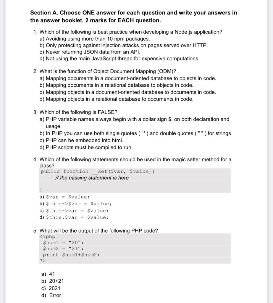 Solved Section A. Choose ONE answer for each question and | Chegg.com