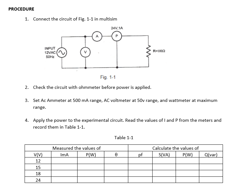 Solved PROCEDURE 1. Connect the circuit of Fig. 1-1 in | Chegg.com
