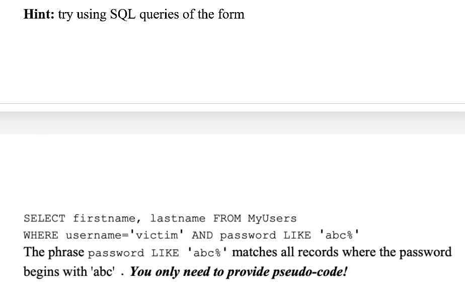 Solved Problem 4 - SQL Injection (16 points total): Consider | Chegg.com