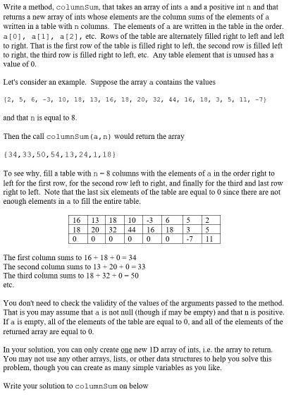 Write a method, columnsum, that takes an array of | Chegg.com