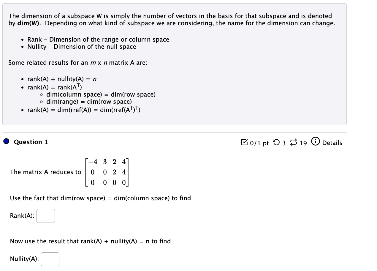Solved The dimension of a subspace W is simply the number of | Chegg.com Solved The dimension of a subspace W is simply the number of | Chegg.com