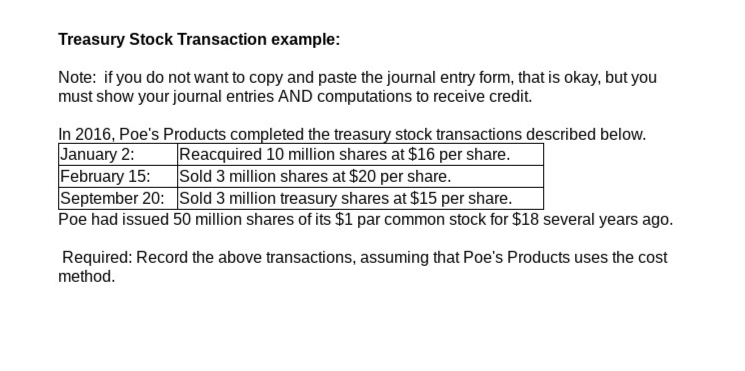 Solved Treasury Stock Transaction example: Note: if you do | Chegg.com