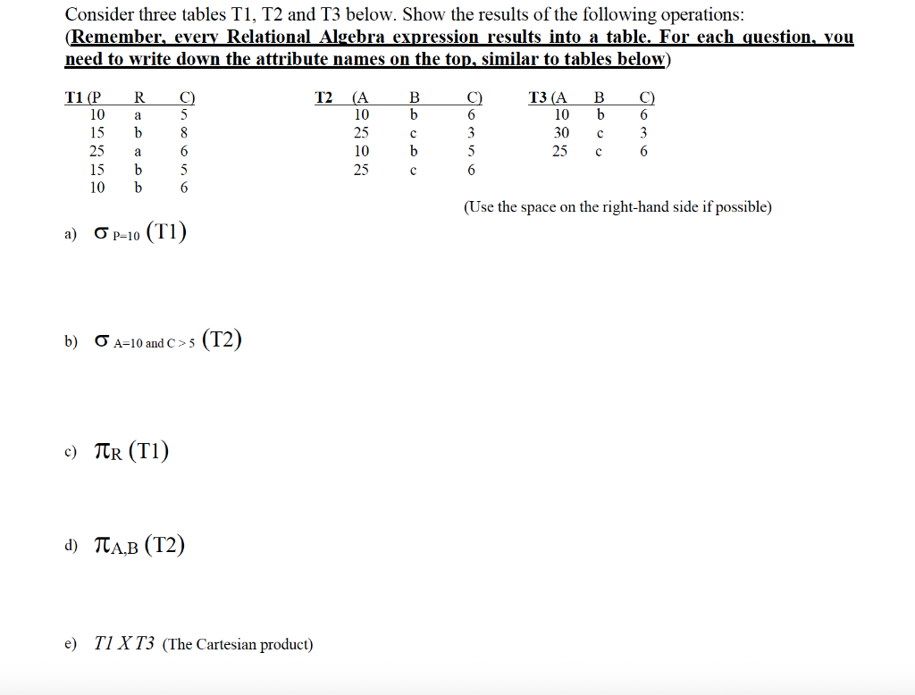 Solved Consider three tables T1, T2 and T3 below. Show the | Chegg.com