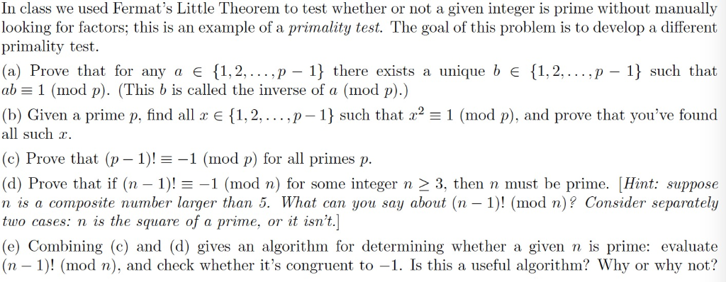 Solved In class we used Fermat's Little Theorem to test | Chegg.com