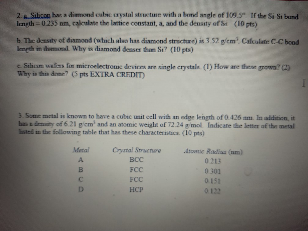 Solved 2 a Silicon has a diamond cubic crystal structure | Chegg.com