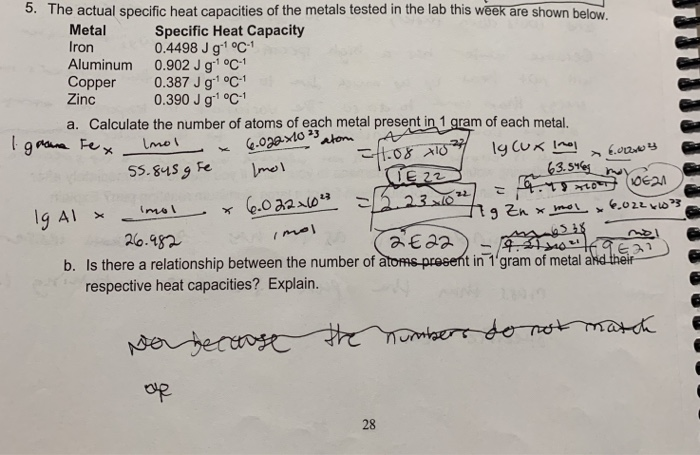 Solved 5. The actual specific heat capacities of the metals | Chegg.com
