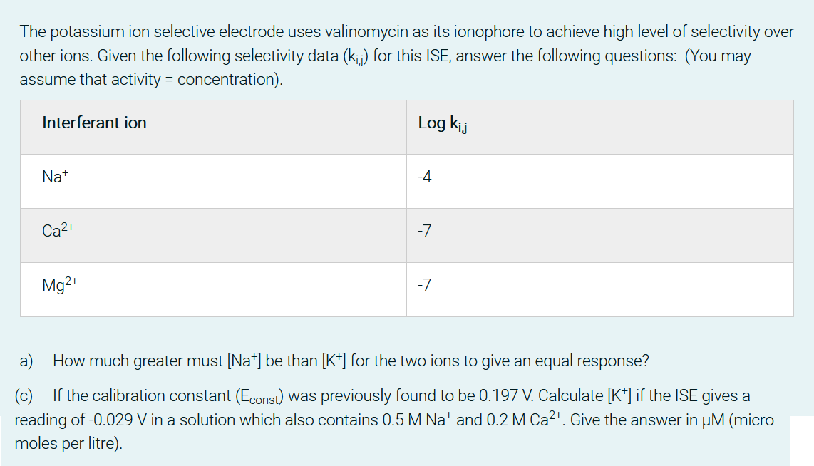 Solved The potassium ion selective electrode uses | Chegg.com