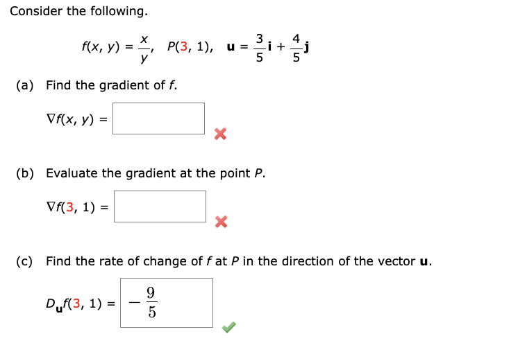 Solved Consider the following. f(x,y)=yx,P(3,1),u=53i+54j | Chegg.com