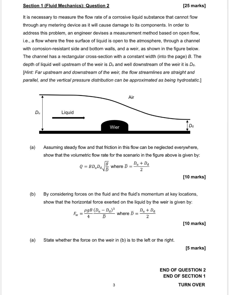 Section 1 (Fluid Mechanics): Question 2 [25 marks] It | Chegg.com