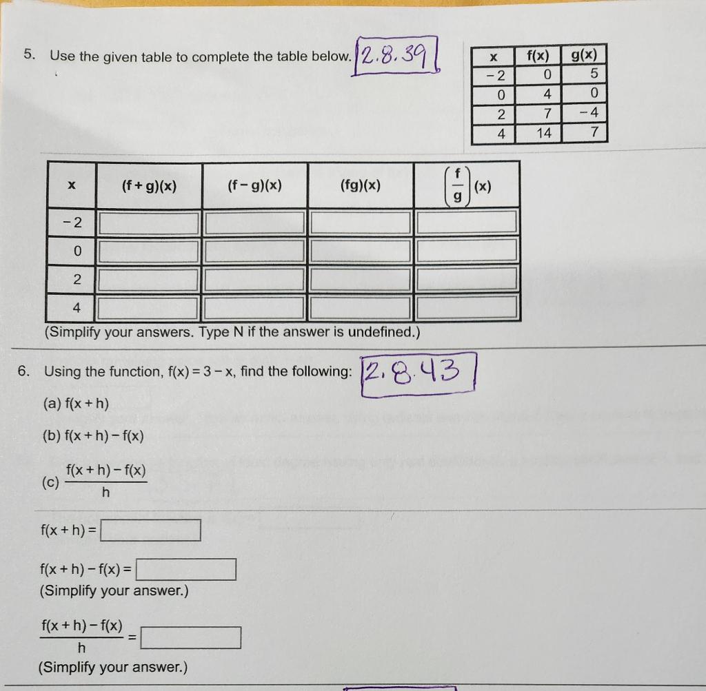 Solved 5. Use the given table to complete the table below. | Chegg.com