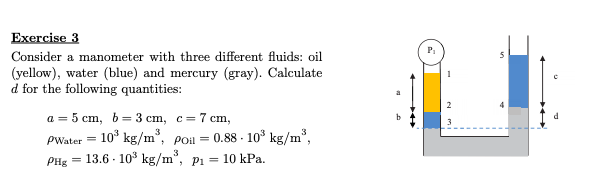Solved Exercise 3 Consider a manometer with three different | Chegg.com