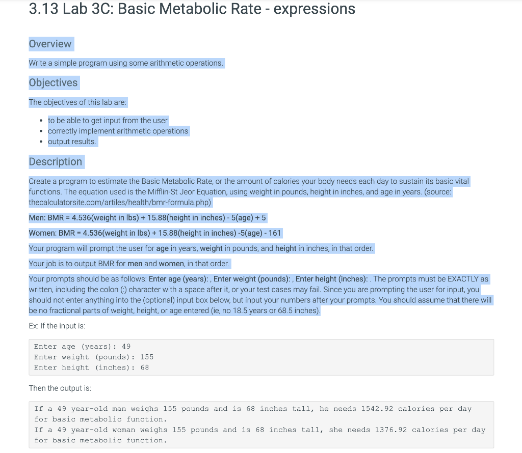 Solved 3.13 Lab 3C: Basic Metabolic Rate - expressions | Chegg.com