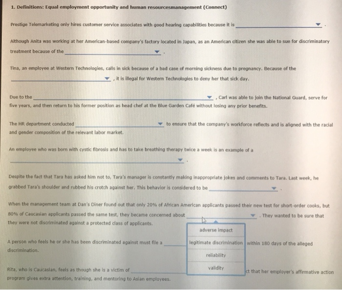 Solved 1. Definitions: Equal employment opportunity and | Chegg.com