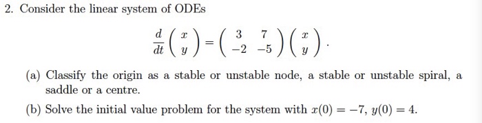 Solved 2. Consider the linear system of ODEs (a) Classify | Chegg.com