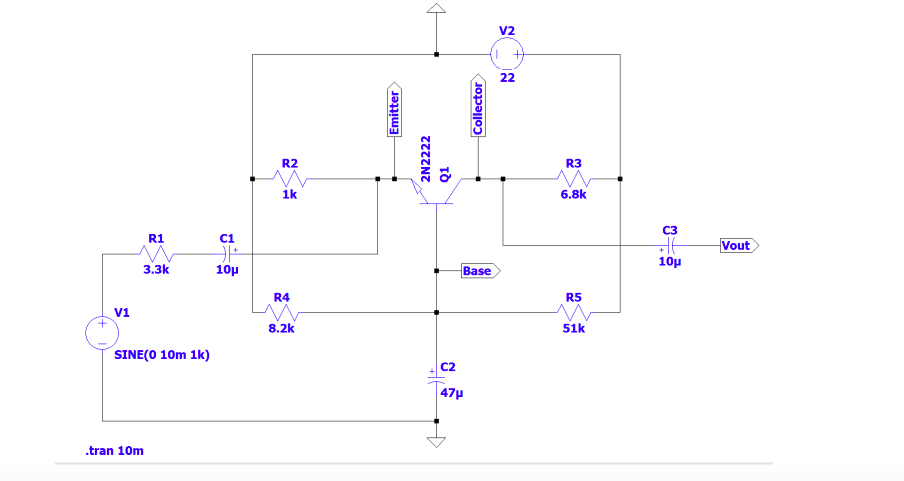 Solved V2 1+ 22 Emitter Collector R2 2N2222 Q1 R3 1k 6.8k C3 | Chegg.com