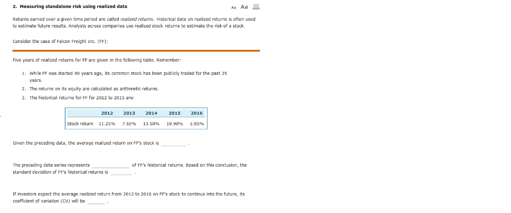 Solved 2. Measuring standalone risk using realized data | Chegg.com