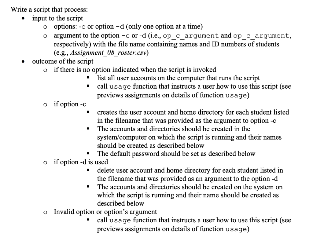Solved a script that process: input to the script o options: | Chegg.com