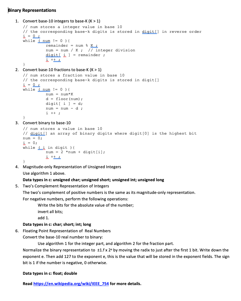 Binary Representations 1. Convert base-10 integers to | Chegg.com