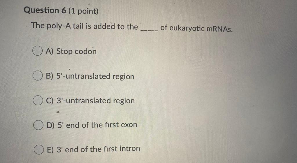 Solved Question 6 (1 point) The poly-A tail is added to the | Chegg.com