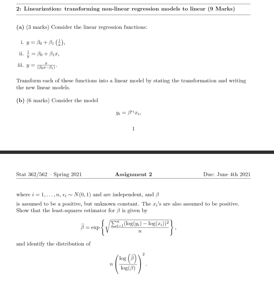Solved 2: Linearization: transforming non-linear regression | Chegg.com