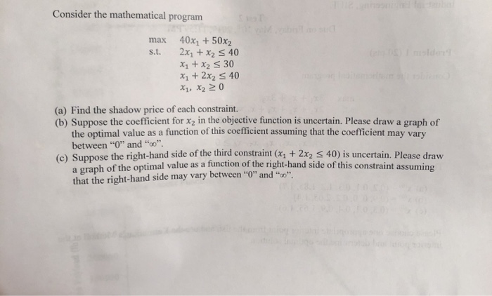 Solved Consider the mathematical program max 40x1 +50x2 s.t. | Chegg.com