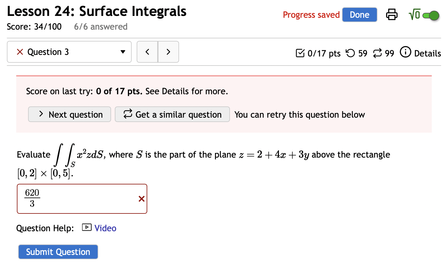 Solved Lesson 24: Surface Integrals Progress saved Score: | Chegg.com