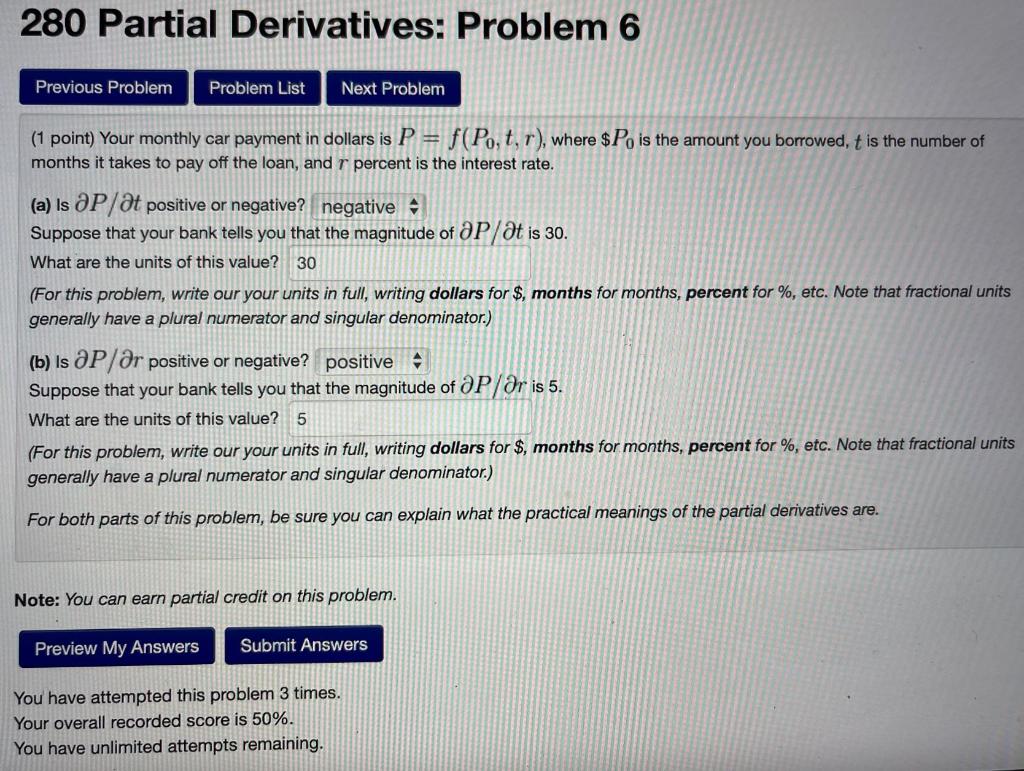 Solved 280 Partial Derivatives: Problem 6 Previous Problem | Chegg.com