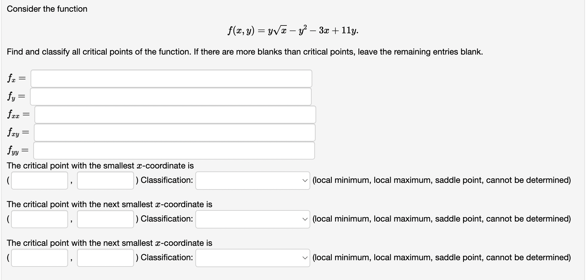 The function f(x,y)=xy(1−5x−2y) has 4 critical | Chegg.com