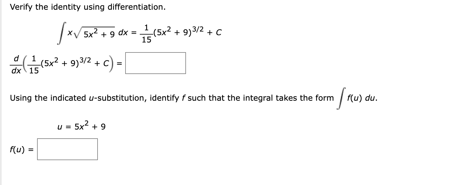Solved Verify the identity using differentiation. V 9 + 15 | Chegg.com