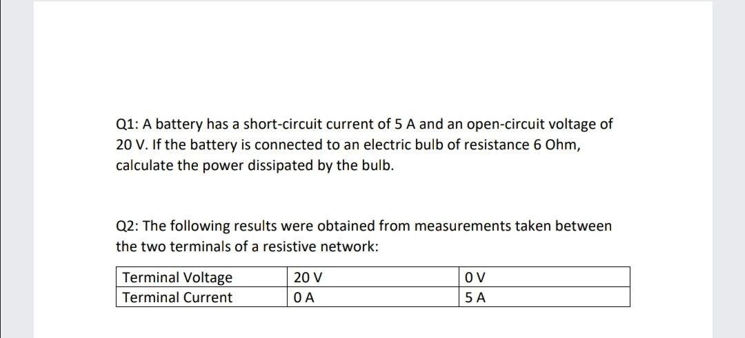 Solved Q1: A battery has a short-circuit current of 5 A and | Chegg.com