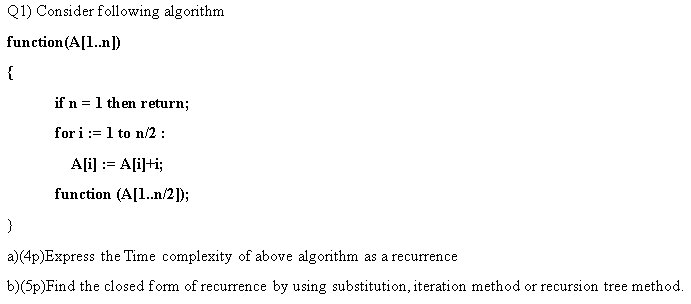 Solved Q1) Consider following algorithm function(A[1..n)) { | Chegg.com