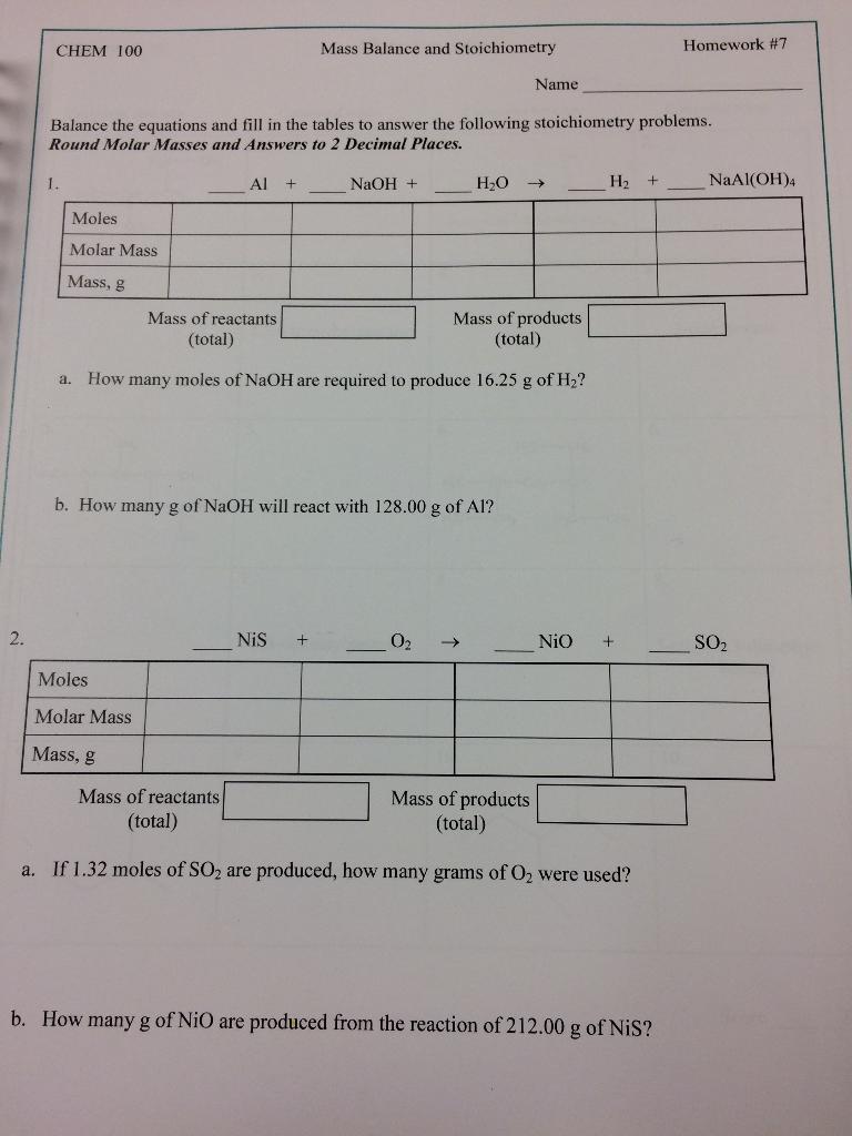 Solved CHEM 100 Mass Balance and Stoichiometry Homework #7 | Chegg.com